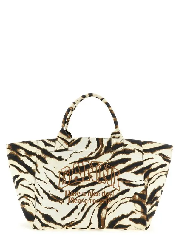 GANNI Xxl Zebra Print Cotton Canvas Shopping Bag - Cream