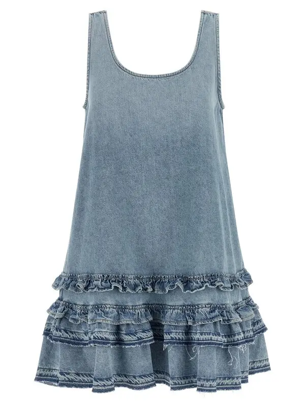 GANNI Sleeveless Denim Mini Dress With Ruffled Hem - Blue