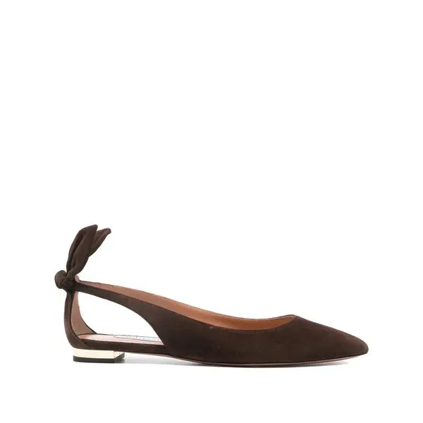 AQUAZZURA Espresso Suede Pointed Toe Slingback Flats With Bow Detail And Gold-tone Block Heel - Brown