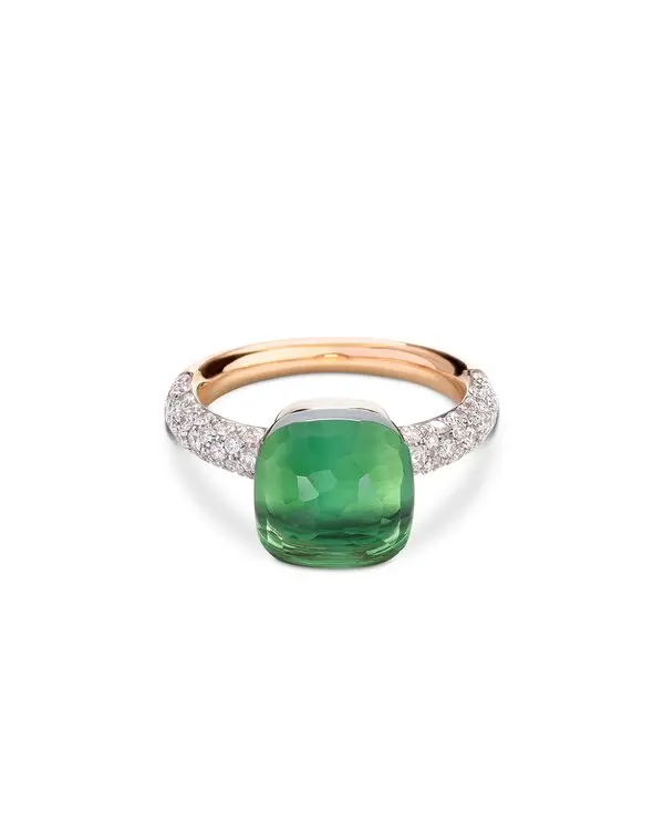 Pomellato 18k White & Rose Nudo Prasiolite & Green Agate Double Diamond Ring - Gold