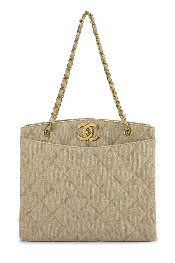Chanel Quilted Linen Turnlock Tote - Beige