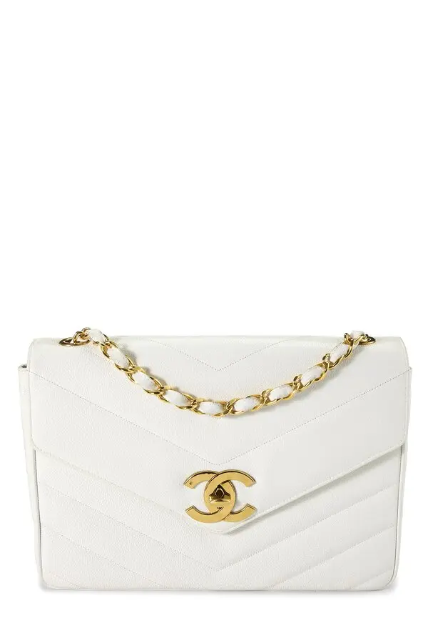 Chanel Caviar Chevron Flap - White