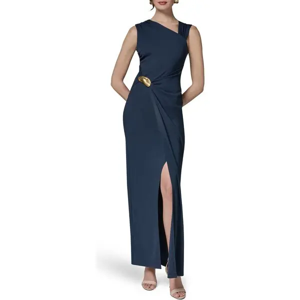Donna Karan New York Asymmetric Neck Hardware Detail Jersey Gown - Nightfall