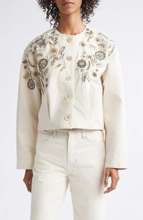 Veronica Beard Embellished Collarless Cotton Jacket - Ecru