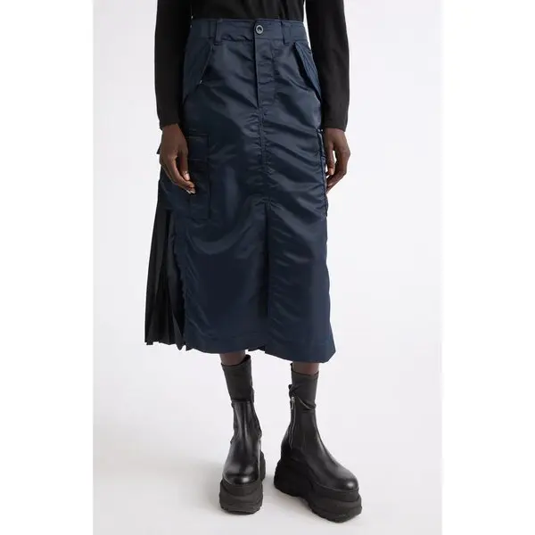 Sacai Nylon Twill And Satin Midi Skirt - Navy