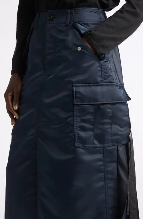 Sacai Nylon Twill And Satin Midi Skirt - Navy