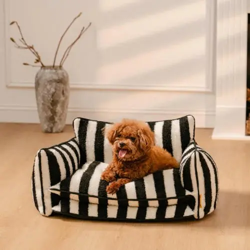FUNNYFUZZY Striped Faux Lambswool Double Layer Pet Sofa Bed