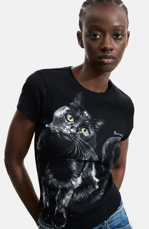 Desigual Stretch Cotton Cat Graphic T-shirt