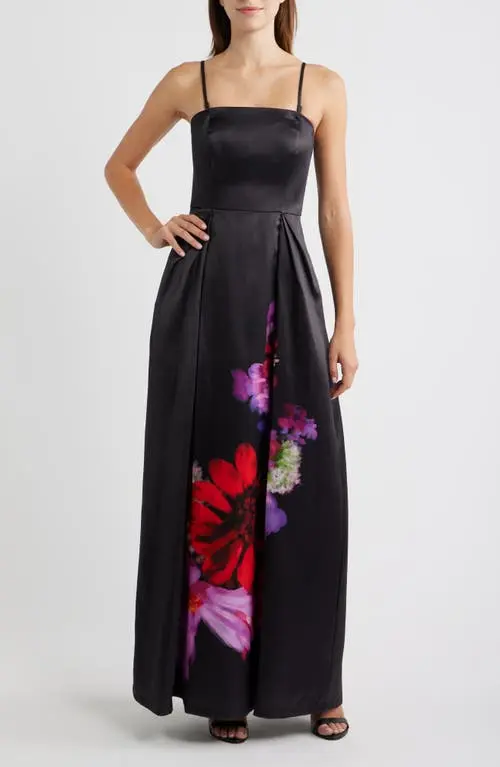 Eliza J Placed Floral Strapless Satin Ballgown
