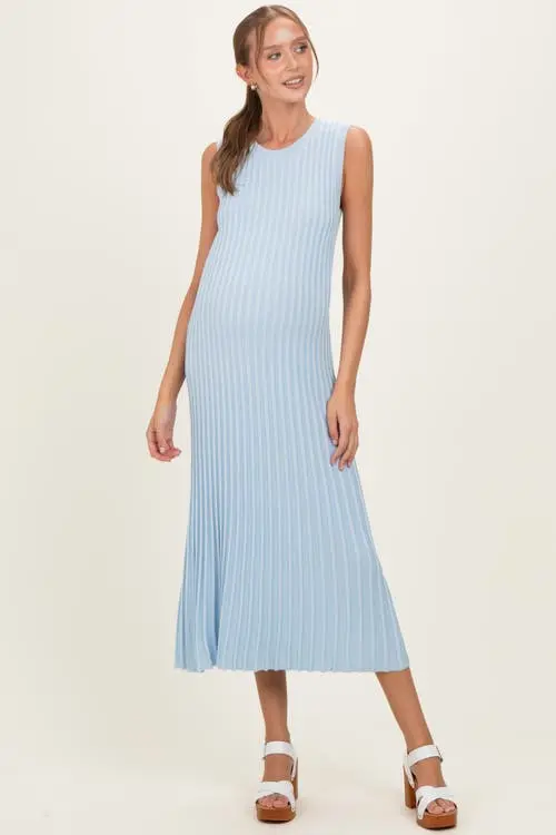 PINKBLUSH Ribbed Knit Sleeveless Maternity Maxi Dress - Light Blue