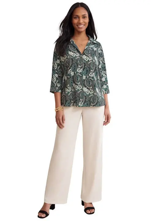 JESSICA LONDON Stretch Knit Crepe Trapeze Tunic With Polo Collar - Emerald Graphic Scroll