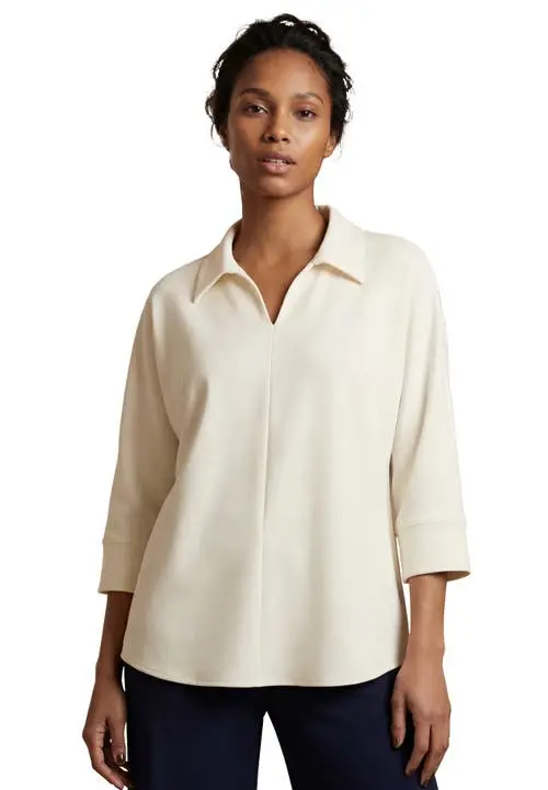 JESSICA LONDON Stretch Knit Crepe Trapeze Tunic With Polo Collar - Ivory