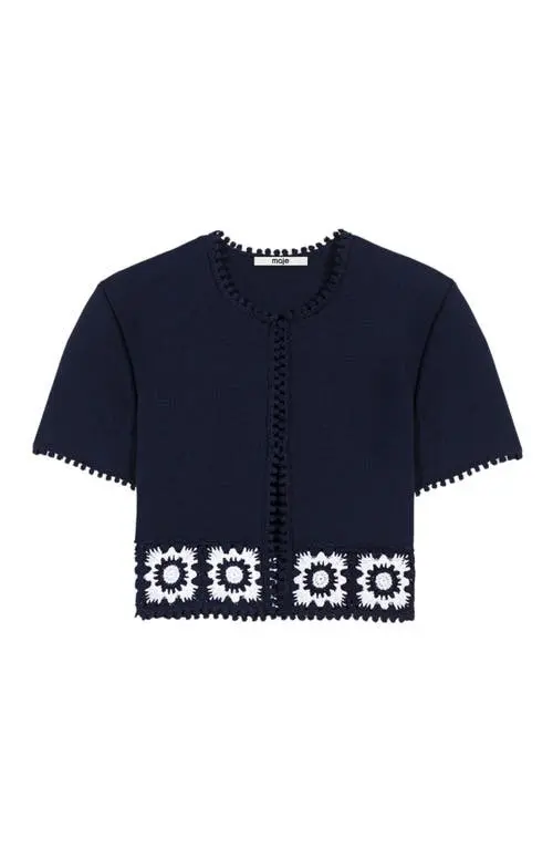 Maje Cropped Cardigan With Floral Crochet Panels - Navy