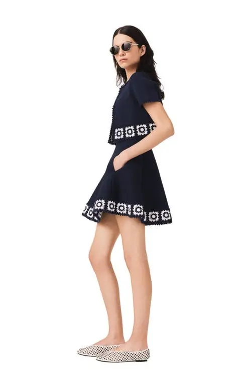 Maje Cropped Cardigan With Floral Crochet Panels - Navy