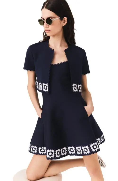 Maje Cropped Cardigan With Floral Crochet Panels - Navy