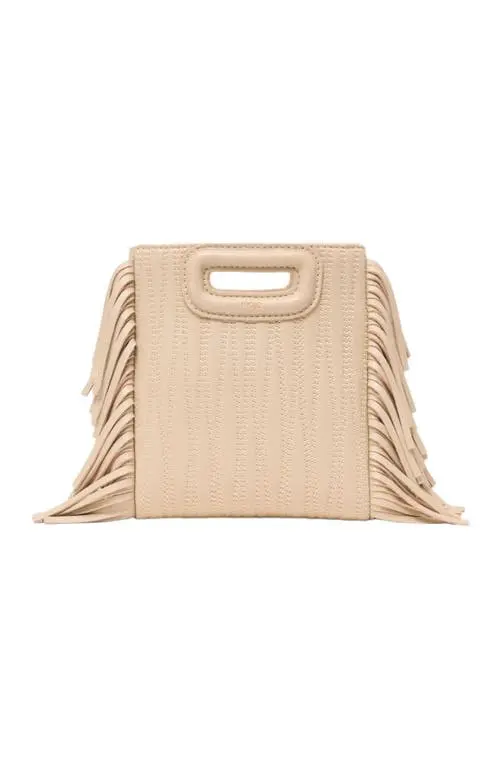 Maje Leather Mini Bag With Fringe And Topstitch Detail - Cream