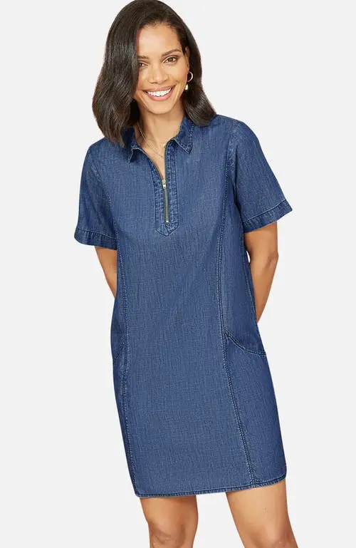 YUMI Cotton Chambray Zip Neckline Dress