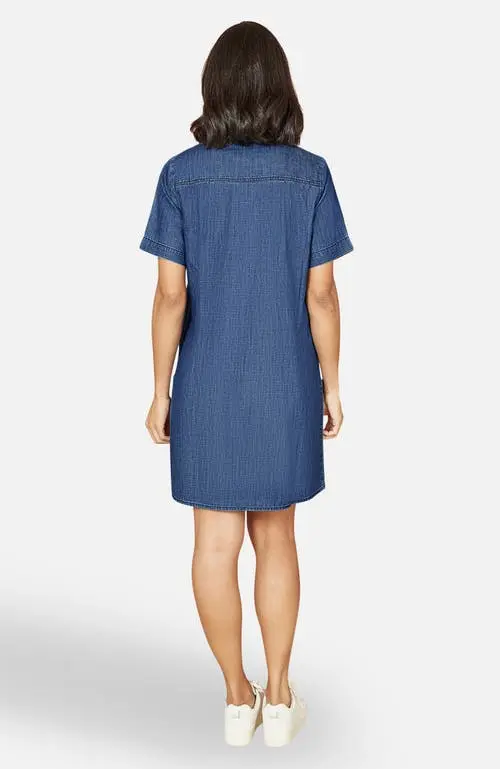 YUMI Cotton Chambray Zip Neckline Dress