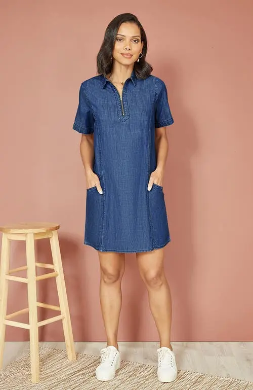 YUMI Cotton Chambray Zip Neckline Dress