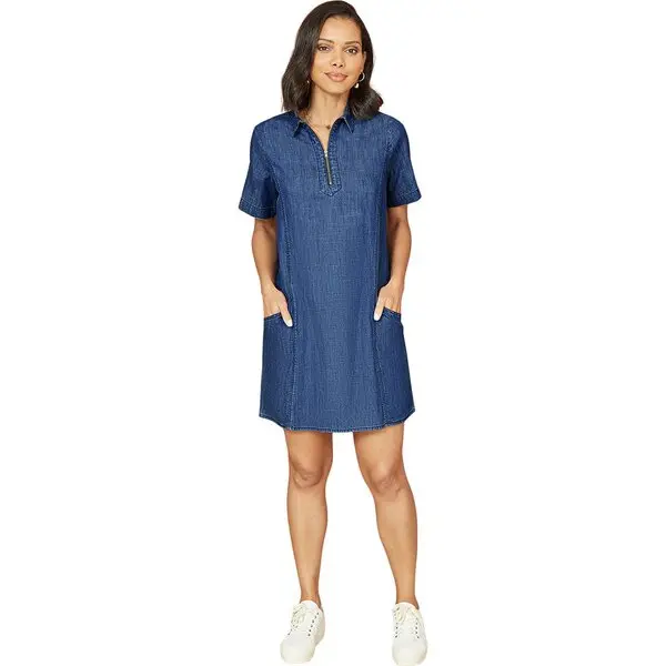 YUMI Cotton Chambray Zip Neckline Dress - Blue