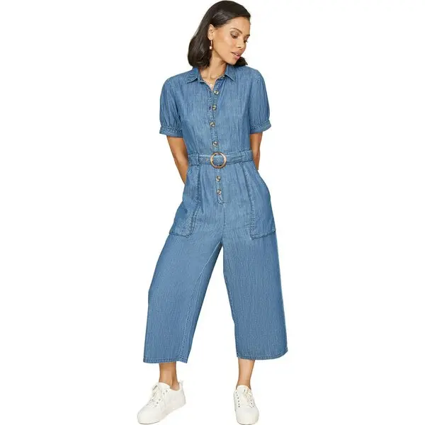 YUMI Cotton Chambray Button-up Jumpsuit With Belt And Pockets - Blue