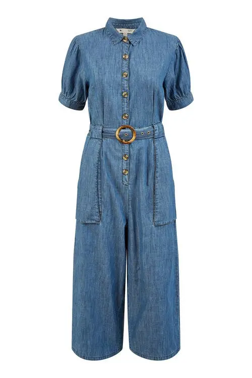 YUMI Cotton Chambray Button-up Jumpsuit With Belt And Pockets