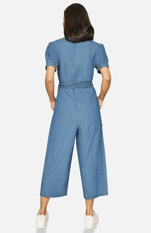 YUMI Cotton Chambray Button-up Jumpsuit With Belt And Pockets
