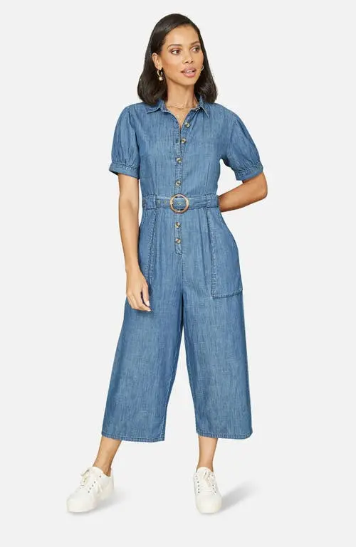 YUMI Cotton Chambray Button-up Jumpsuit With Belt And Pockets