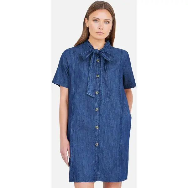YUMI Chambray Tunic With Tie Neck