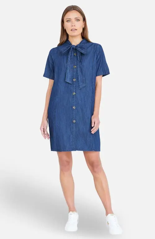 YUMI Chambray Tunic With Tie Neck