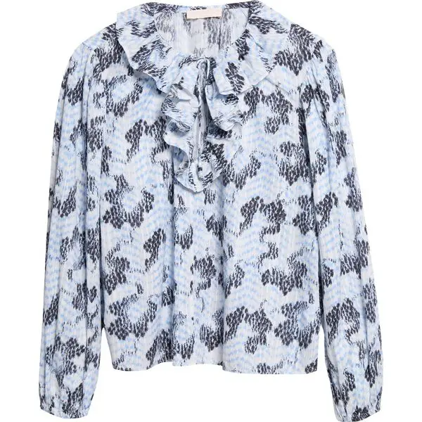 Ulla Johnson Siena Abstract Print Ruffle Collar Top - Ciel