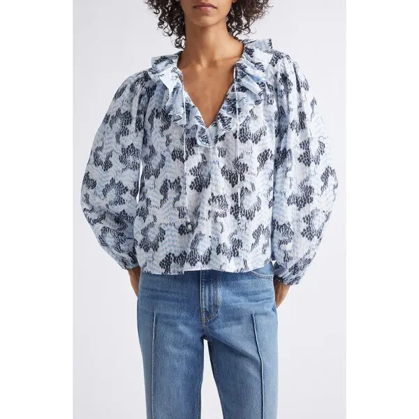 Ulla Johnson Siena Abstract Print Ruffle Collar Top - Ciel