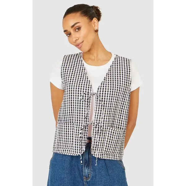 YUMI Gingham Reversible Cotton Tie Waistcoat - Black
