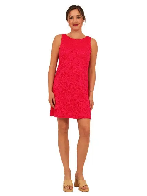 24SEVEN COMFORT APPAREL Elevate Lace Sleeveless Boat Neck Mini Shift Dress - Fuchsia