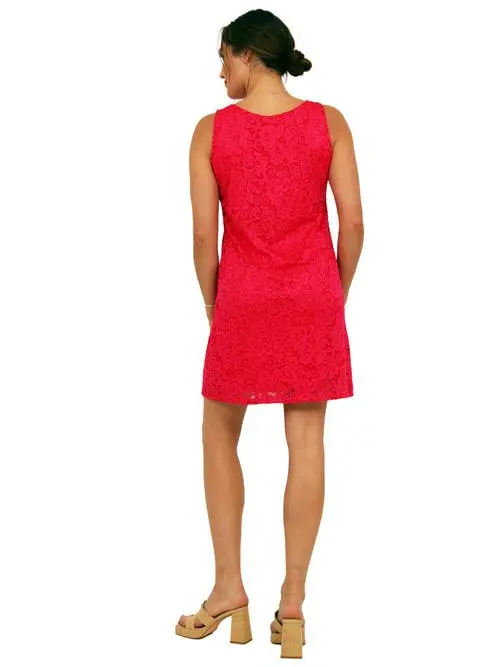 24SEVEN COMFORT APPAREL Sleeveless Boat Neck Mini Lace Shift Dress - Fuchsia