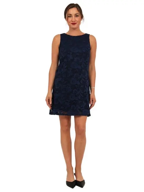 24SEVEN COMFORT APPAREL Elevate Lace Sleeveless Boat Neck Mini Shift Dress - Navy
