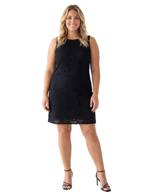 24SEVEN COMFORT APPAREL Curvy Elevate Lace Sleeveless Boat Neck Mini Shift Dress - Black