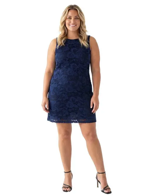 24SEVEN COMFORT APPAREL Curvy Elevate Lace Sleeveless Boat Neck Mini Shift Dress - Navy
