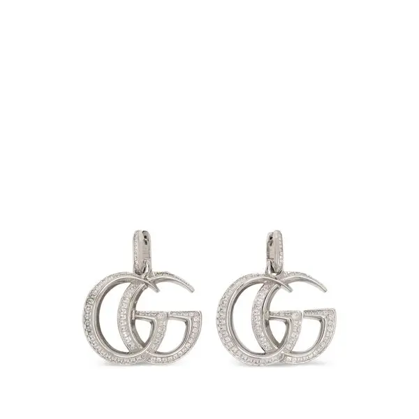 Gucci Tone Crystal Embellished Double G Drop Earrings - Silver