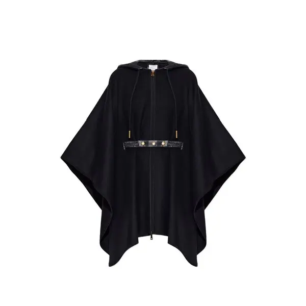 Moncler Wool Blend Hooded Cape With Belted Waist - Blue