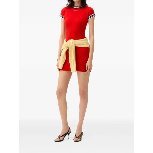 Versace Short-sleeved Fitted Mini Dress With Geometric Jacquard Trim
