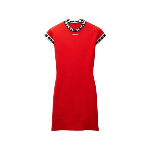 Versace Short-sleeved Fitted Mini Dress With Geometric Jacquard Trim - Red