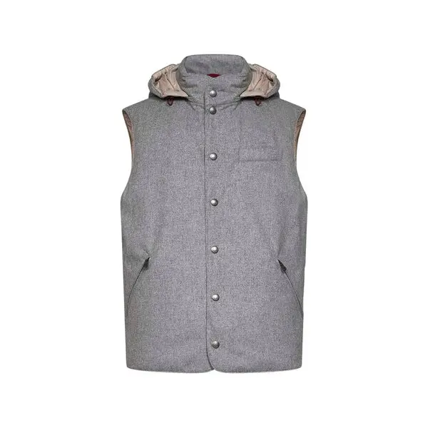 Brunello Cucinelli Wool Padded Sleeveless Vest With Detachable Hood - Gray