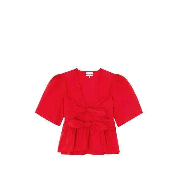 GANNI Cotton V-neck Puff Sleeve Peplum Top - Red