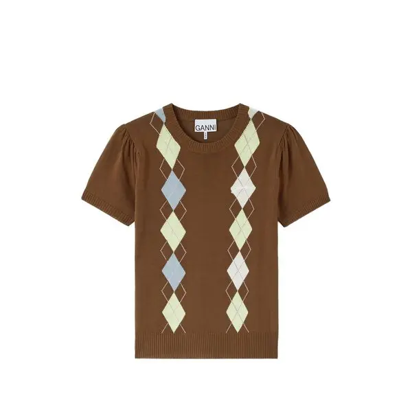 GANNI Argyle Pattern Puff Sleeve Crewneck Top - Brown