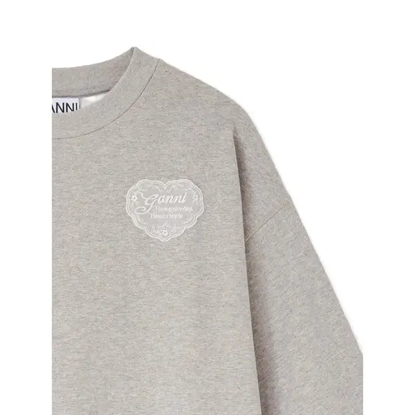 GANNI Grey Isoli Lace Trim Heart Logo Patch Crewneck Sweatshirt - Gray