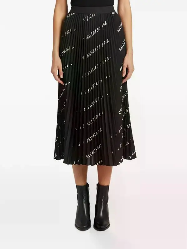 Balenciaga Logo Print Pleated Midi Skirt - Black