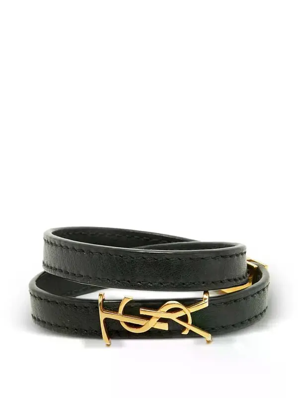 Saint Laurent Opyum Wrap Bracelet In Leather With Gold-tone Cassandre Logo - Black