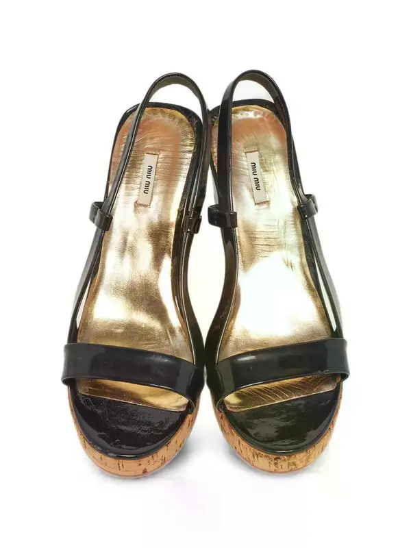 Miu Miu Patent Leather Cork Platform Wedge Slingback Sandals