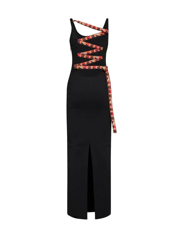 Emilio Pucci Black Superstretch Cady Long Dress With Printed Tape Detail
